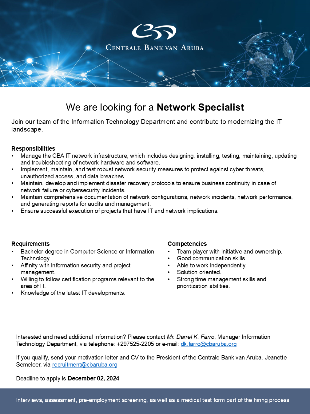 Vacancy Network Specialist - Network Specialist - Working at the CBA